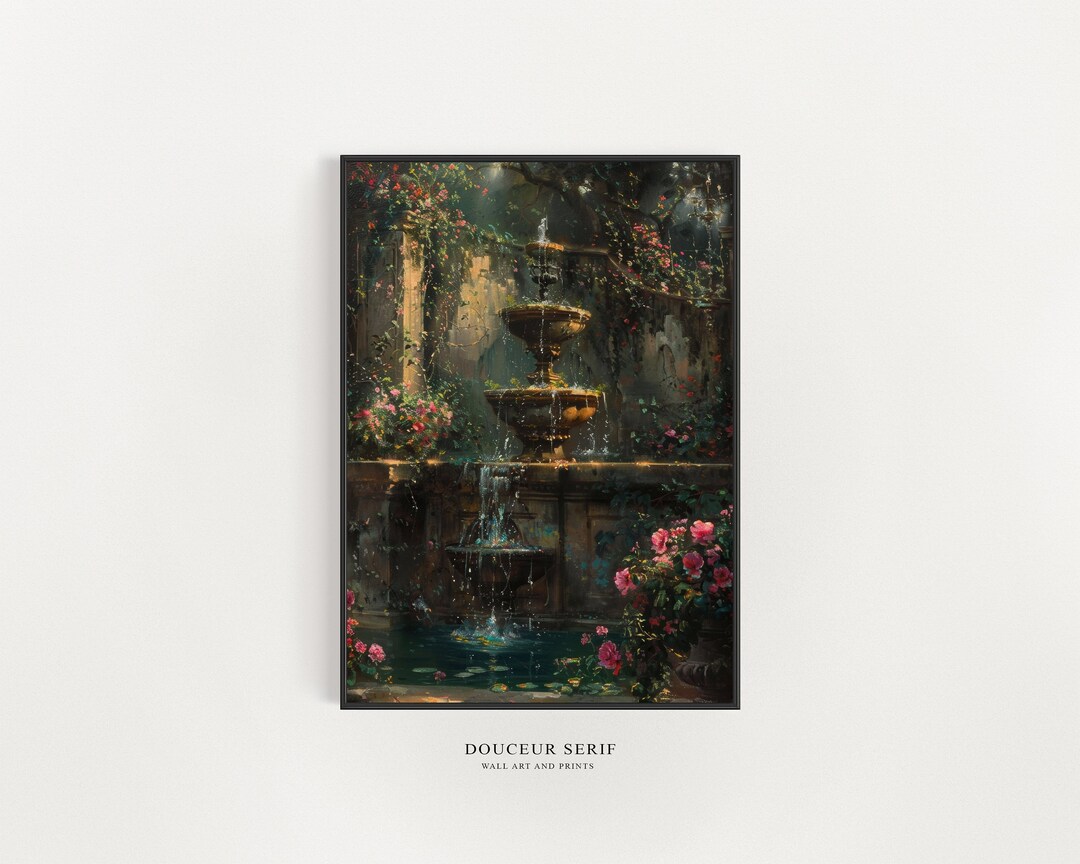 Garden Fountain Oil Painting, Garden Fountain Wall Art, Garden Fountain ...