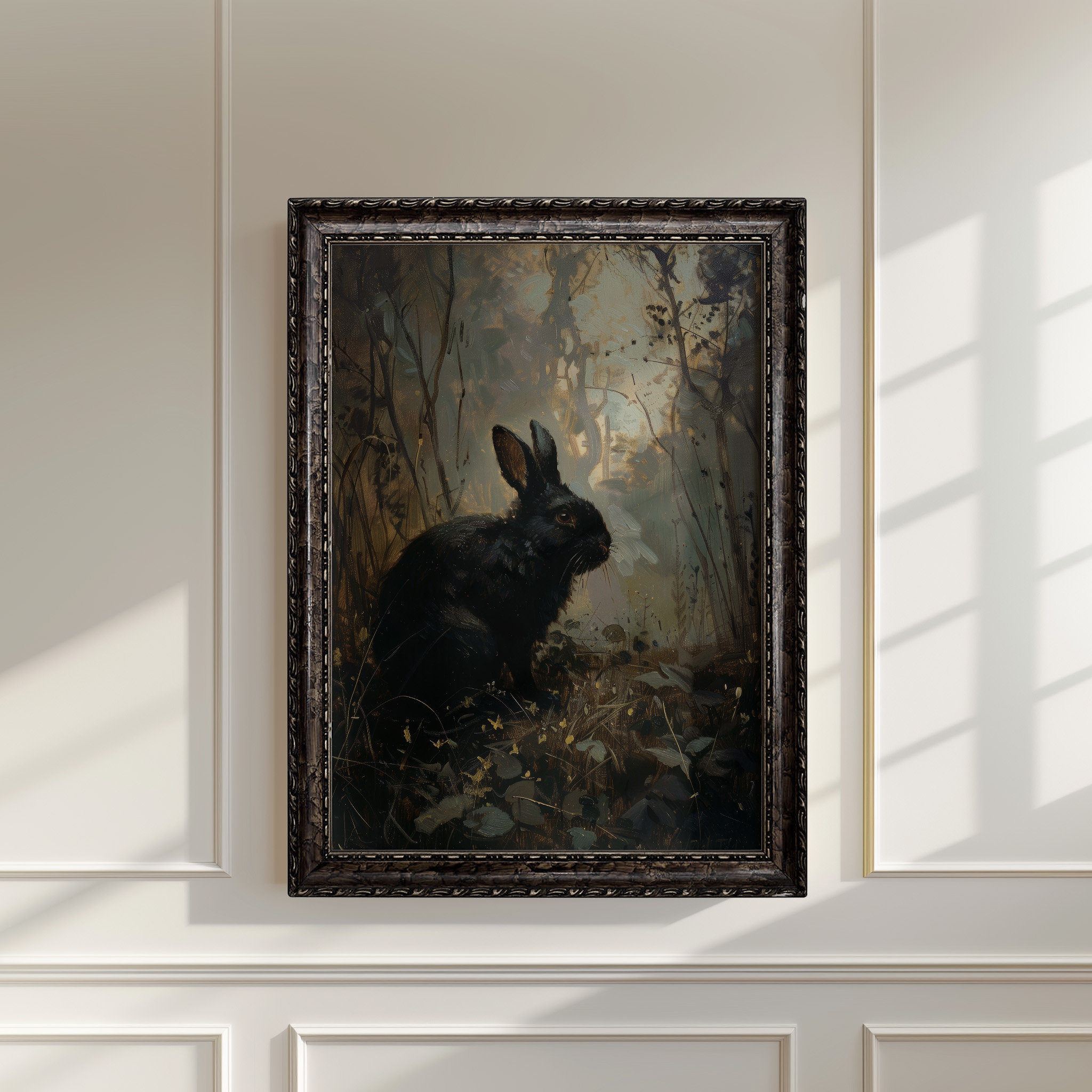 Black Rabbit Oil Painting, Gothic Black Rabbit Wall Art, Black Rabbit ...