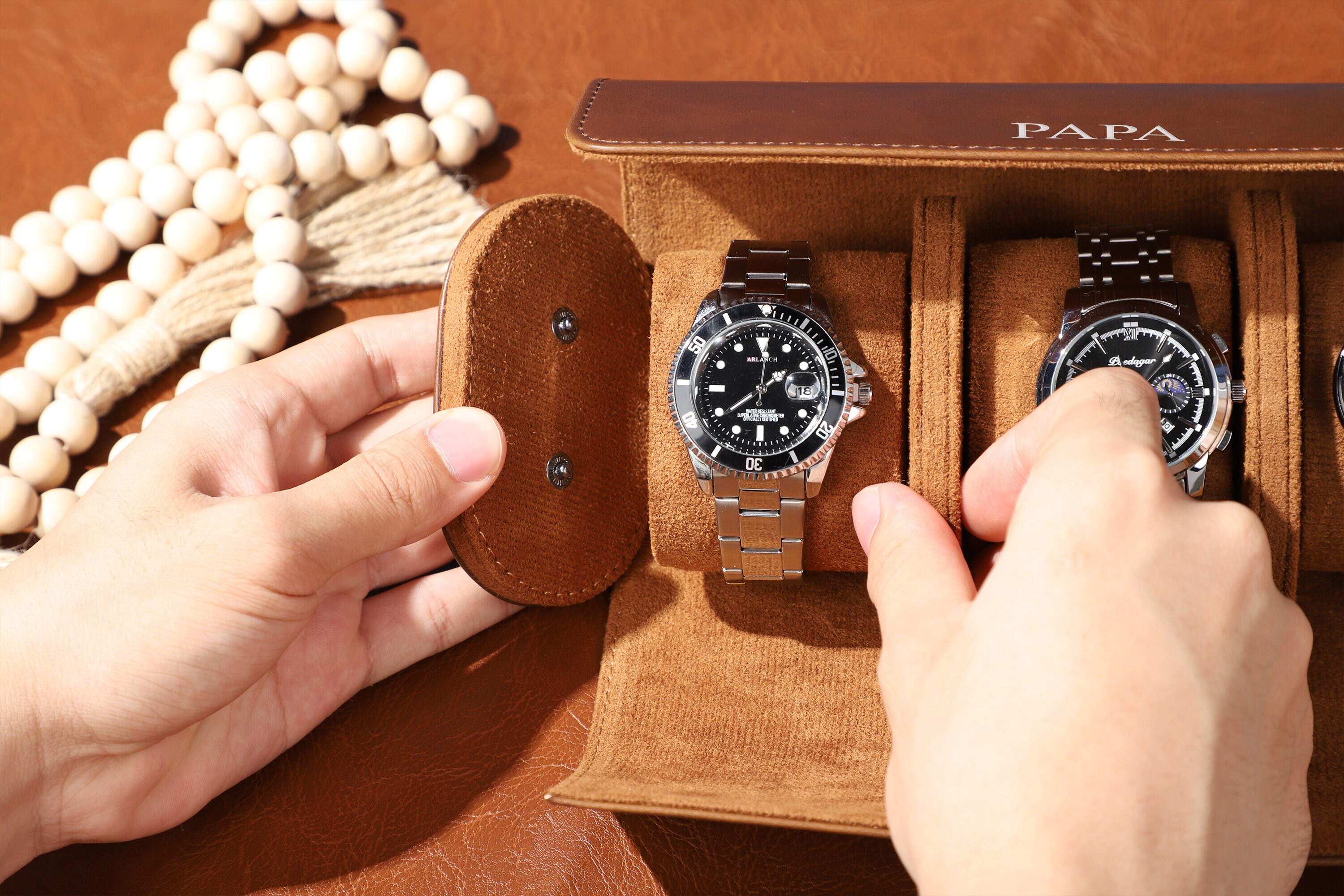 Personalized Brown Leather Watch Case, Travel Watch Roll, Luxury Watch ...