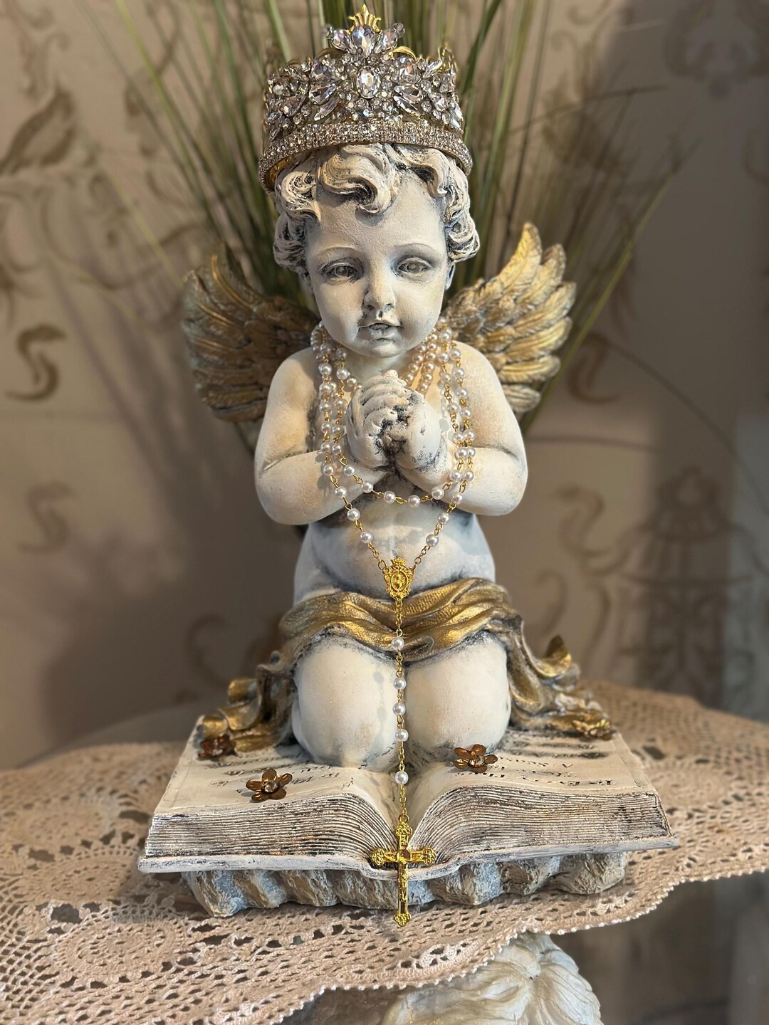Angelic Praying Cherub Statue Shabby Chic Glamour French Angel Crowned ...