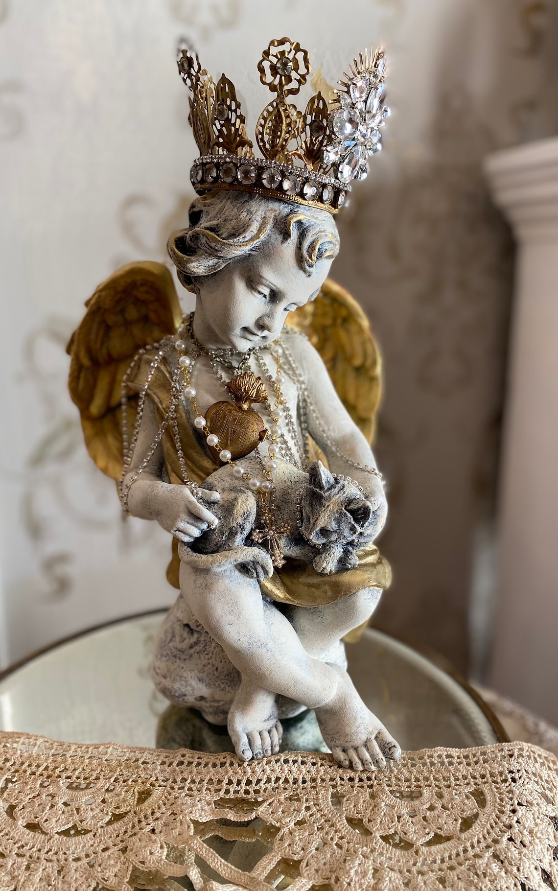 Angelic Cherub With Cat Statue Shabby Chic Glamour French Angel Crowned ...