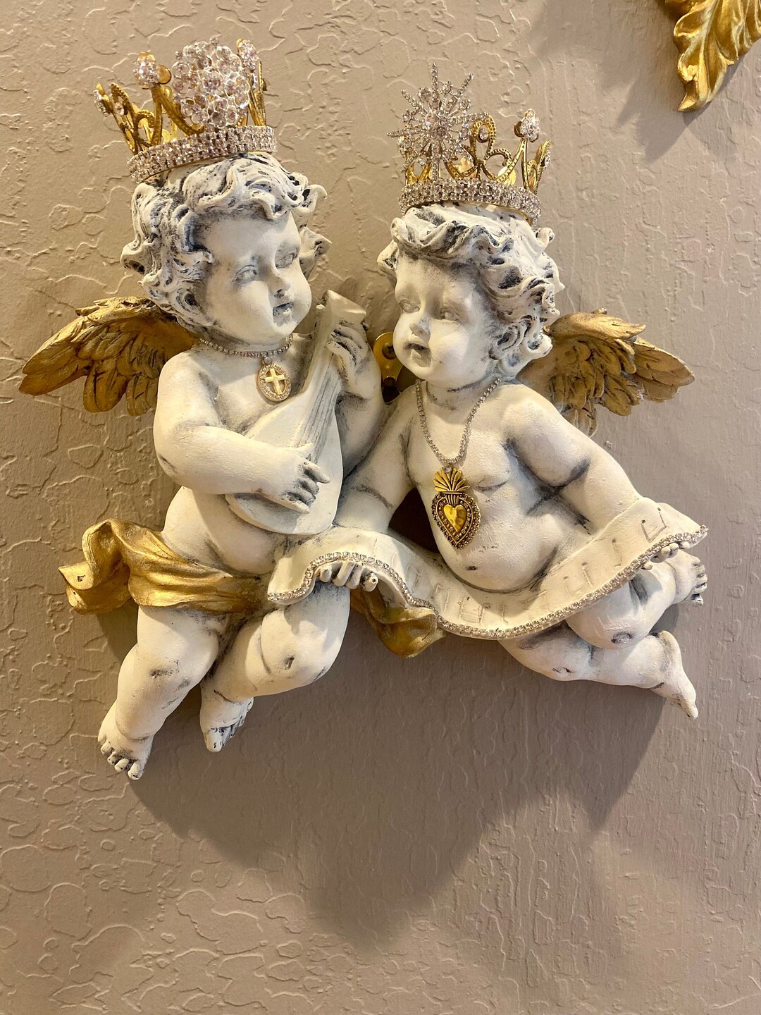 Angelic Couple Cherubs Statue Shabby Chic Glamour French Angel Crowned ...