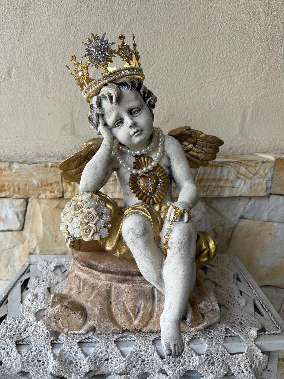 Angelic Sad Cherub Statue Shabby Chic Glamour French Angel Crowned ...