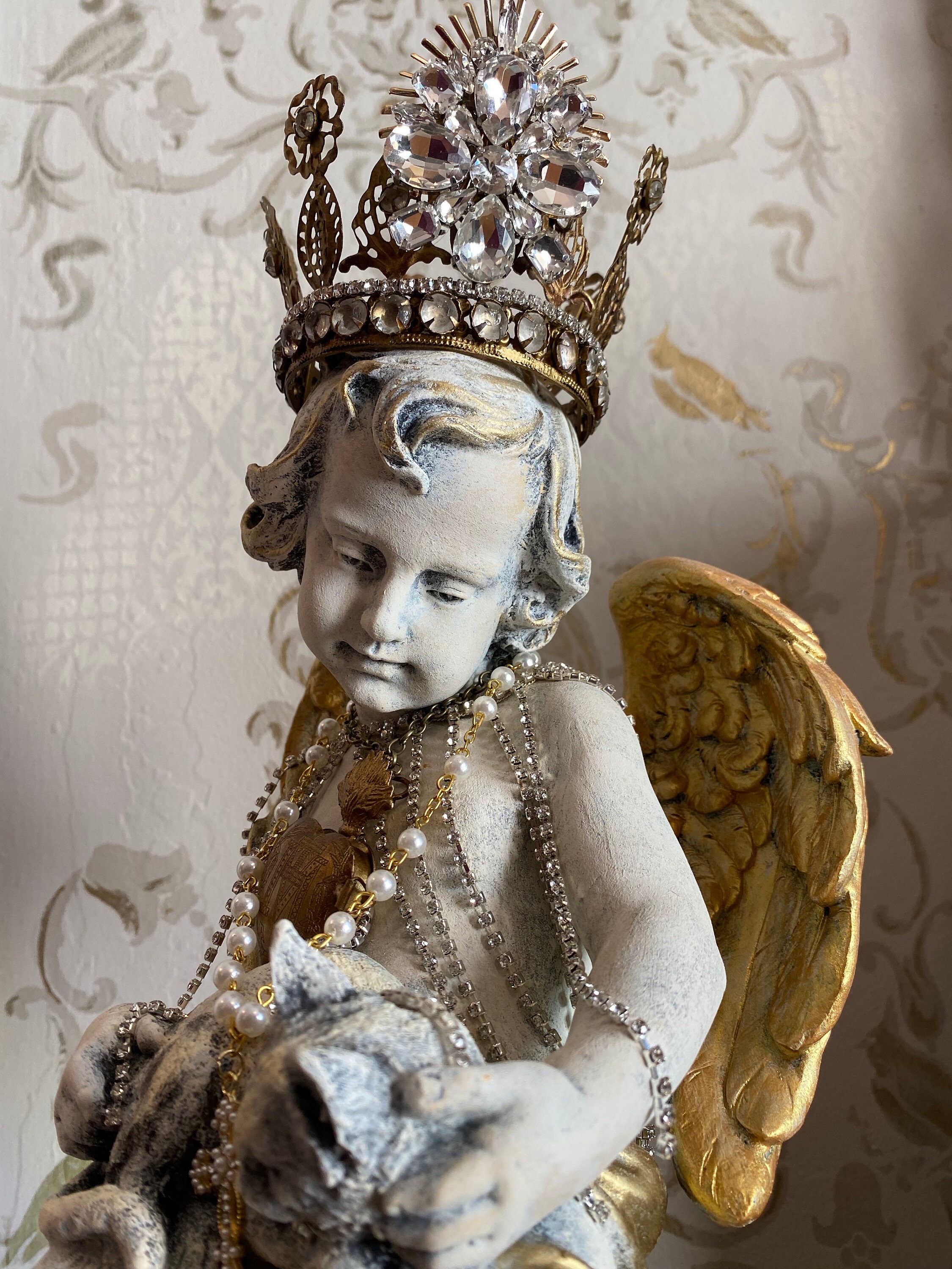 Angelic Cherub With Cat Statue Shabby Chic Glamour French Angel Crowned ...
