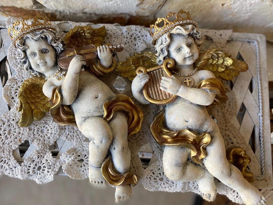 Set of Two Vintage Cherubs Figurines Wall Hanging Shabby Chic Decor ...