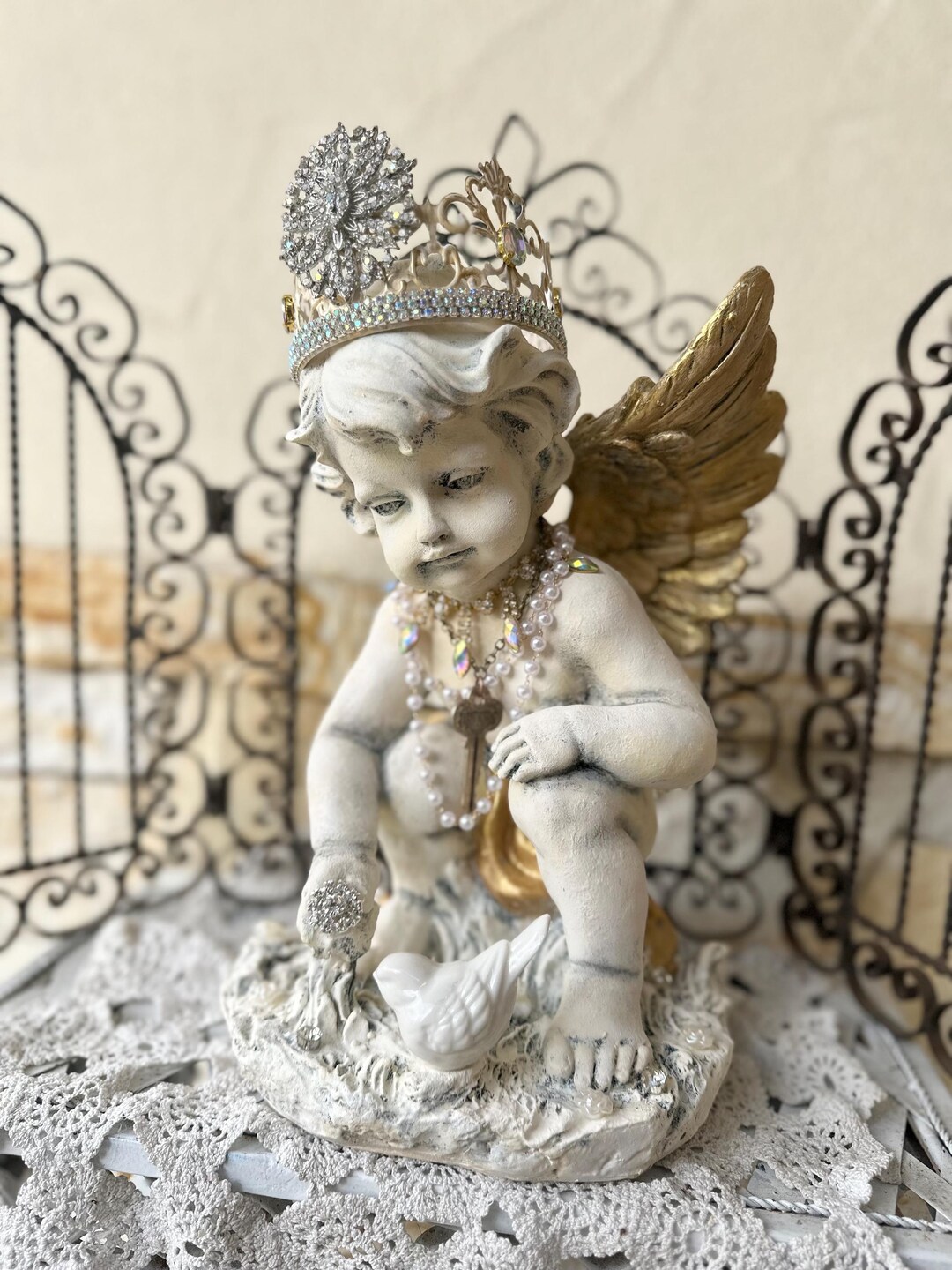 Cherub With Roses Statue Shabby Chic Glamour French Angel Crowned Interior Decor Crowned Cherub ...