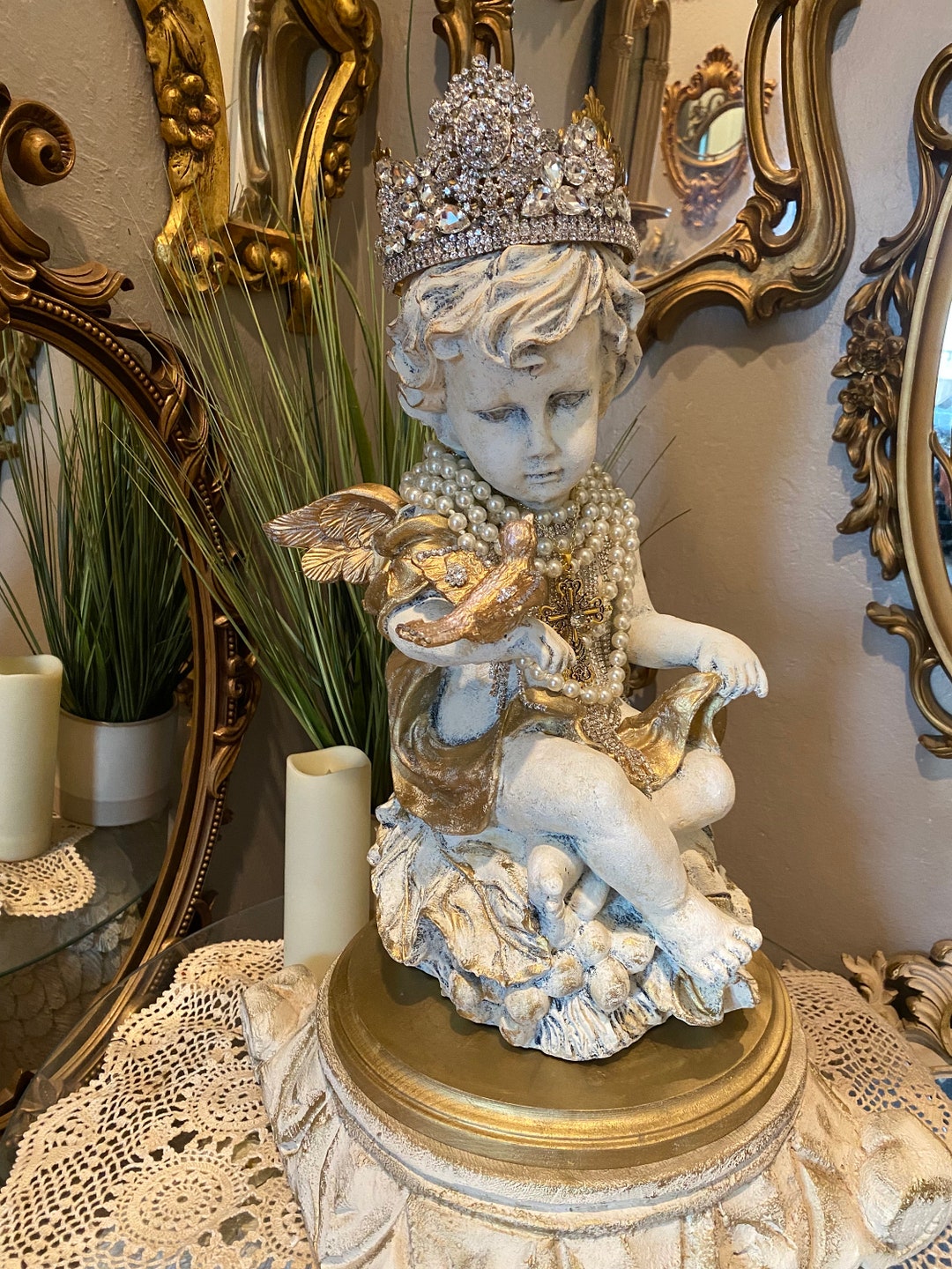 Angelic Cherub With Bird Statue Shabby Chic Glamour French Angel ...