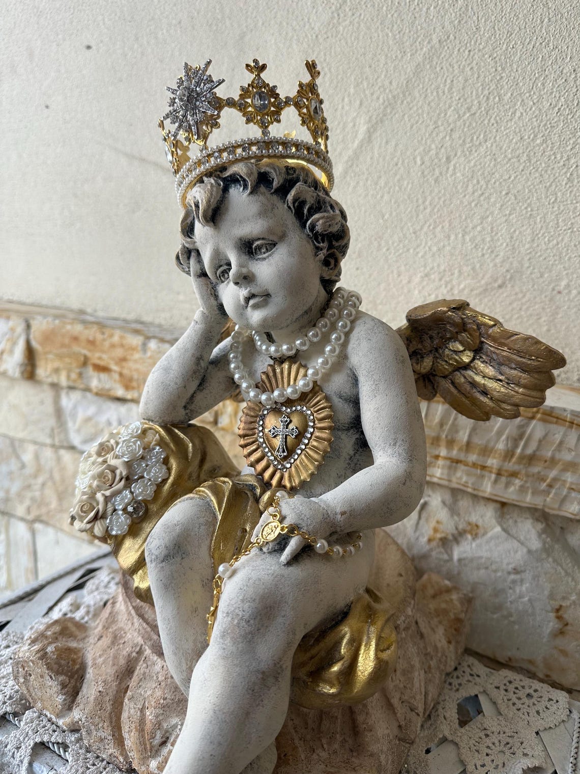 Angelic Sad Cherub Statue Shabby Chic Glamour French Angel Crowned ...