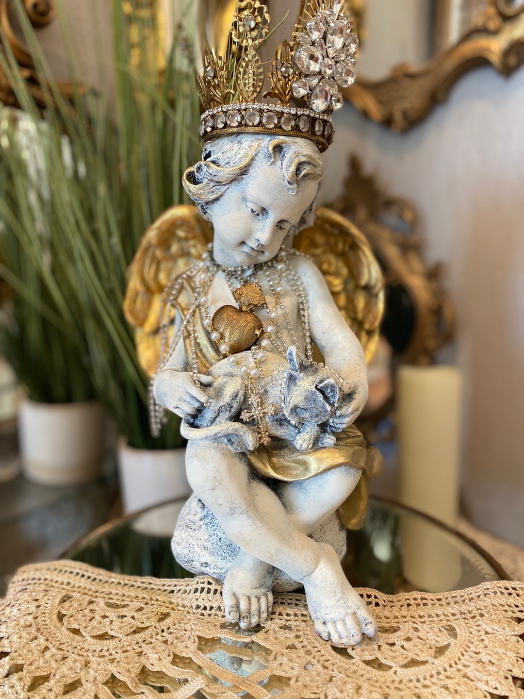 Angelic Cherub With Cat Statue Shabby Chic Glamour French Angel Crowned ...
