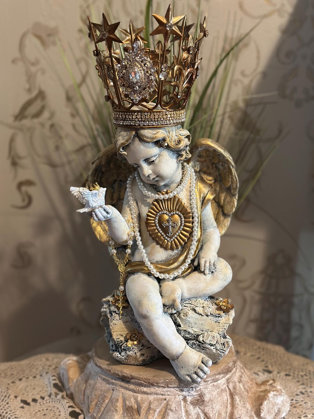 Angelic Cherub With Bird Statue Shabby Chic Glamour French Angel ...