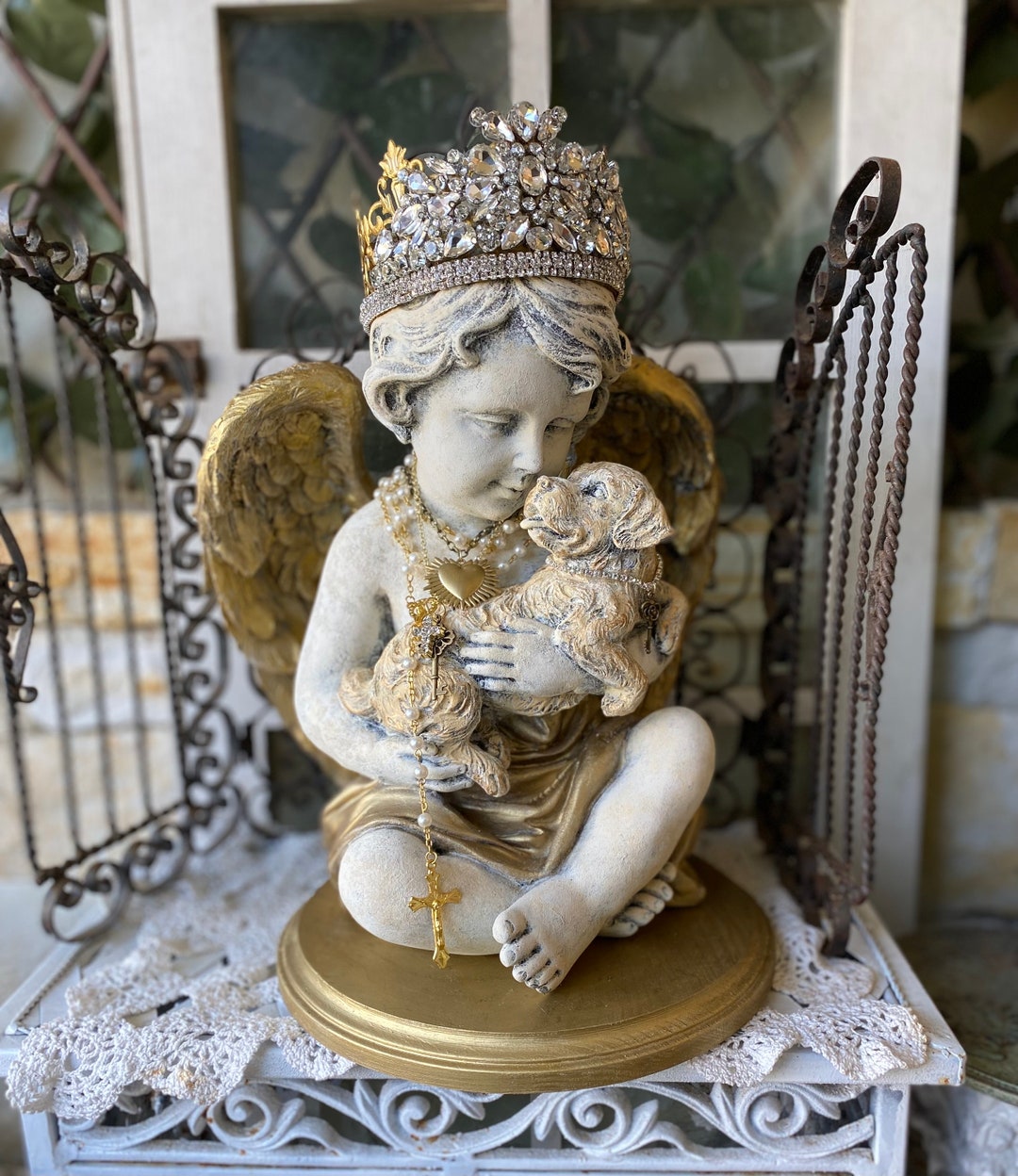 Angelic Cherub With Dog Statue Shabby Chic Glamour French Angel Crowned ...