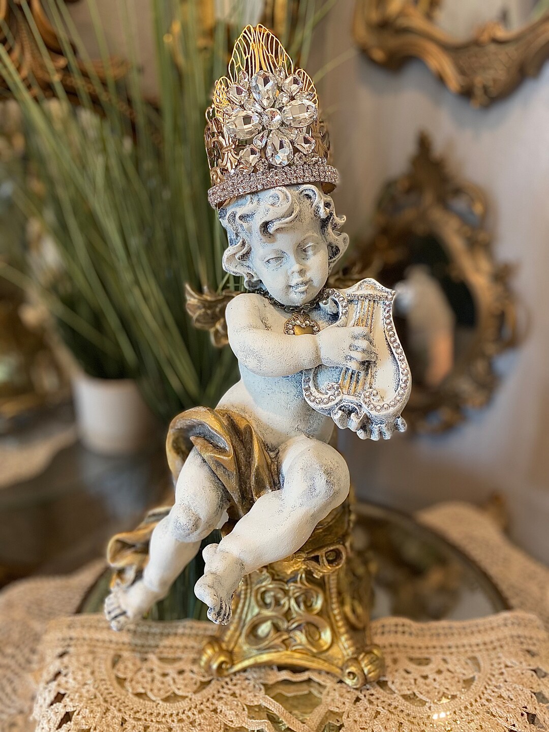 Cherub Crowned With Instrument French Country - Etsy