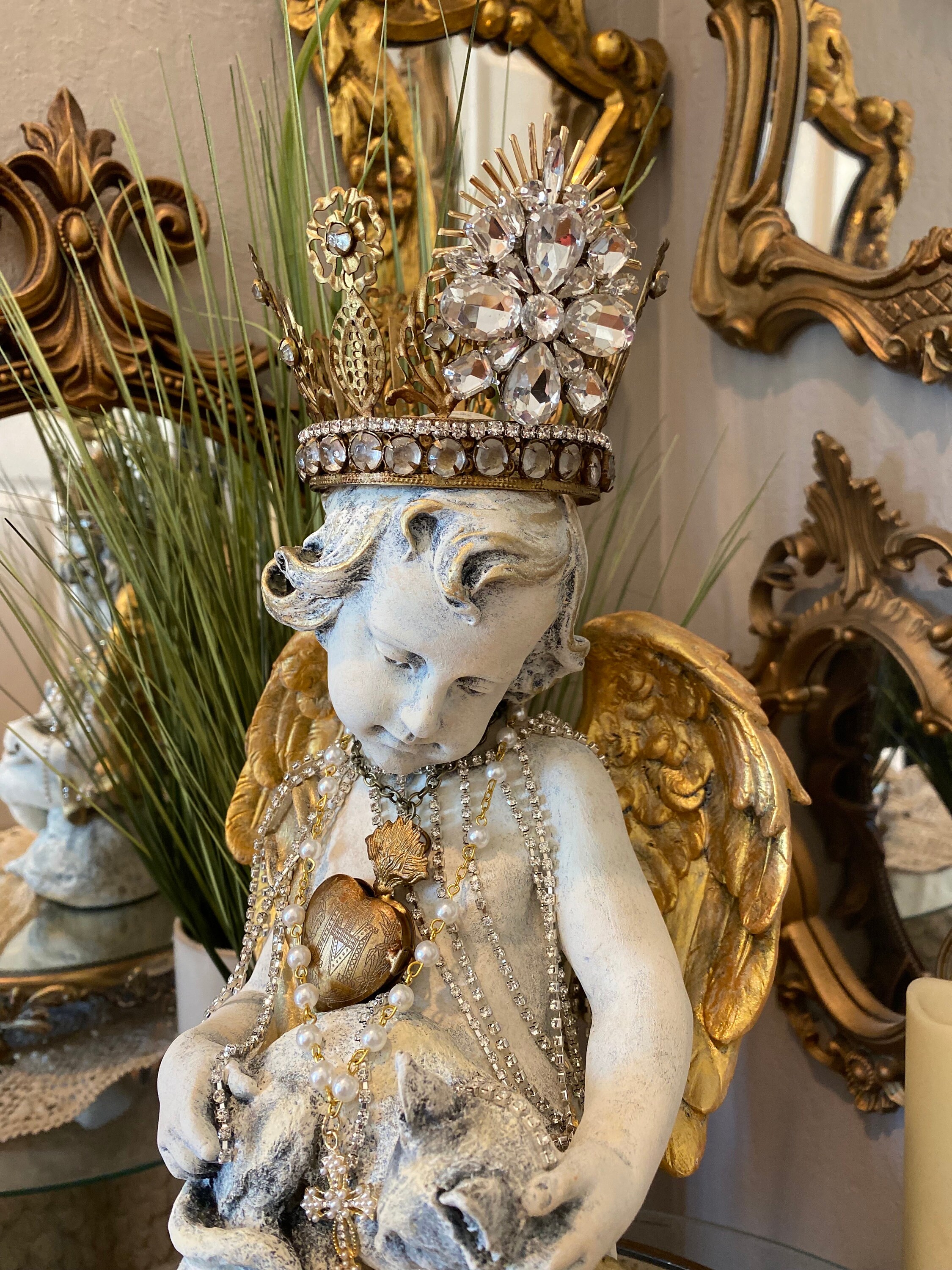 Angelic Cherub With Cat Statue Shabby Chic Glamour French Angel Crowned ...