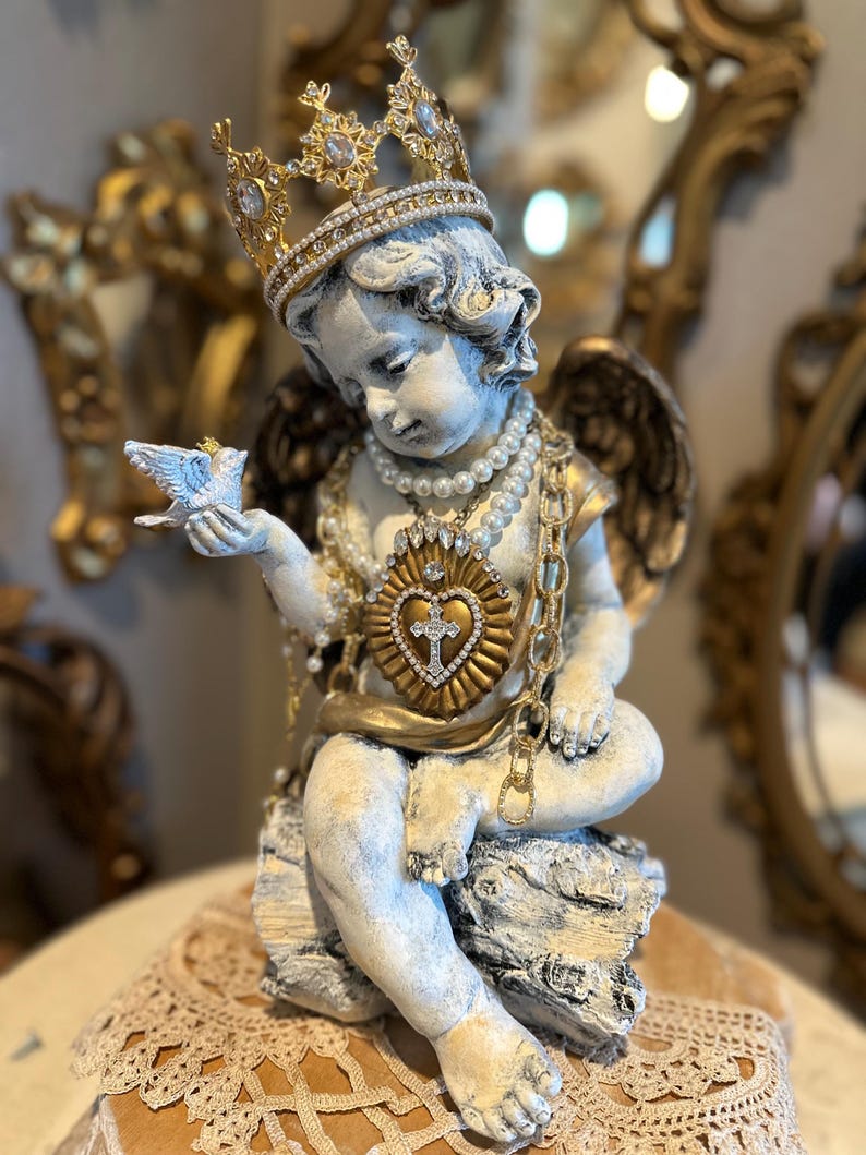 Angelic Cherub With Bird Statue Shabby Chic Glamour French Angel ...