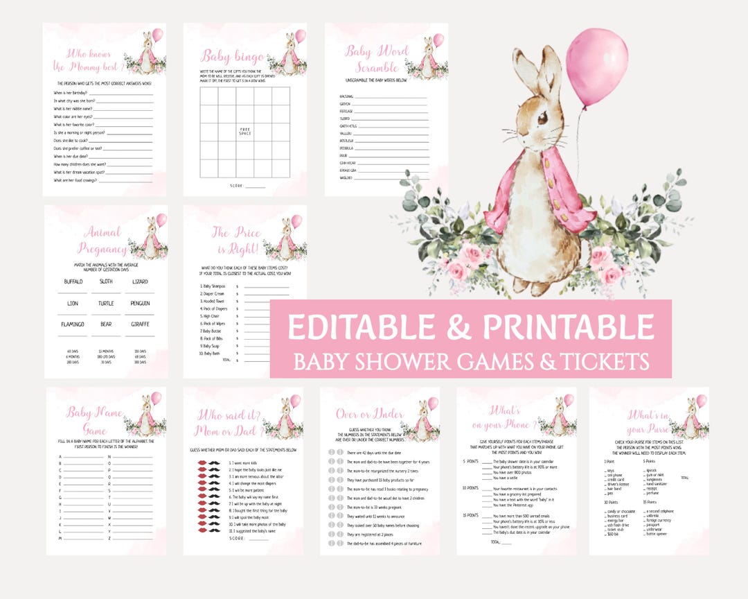 Editable Peter Rabbit Baby Shower Games Bundle, Pink Peter Rabbit Baby ...