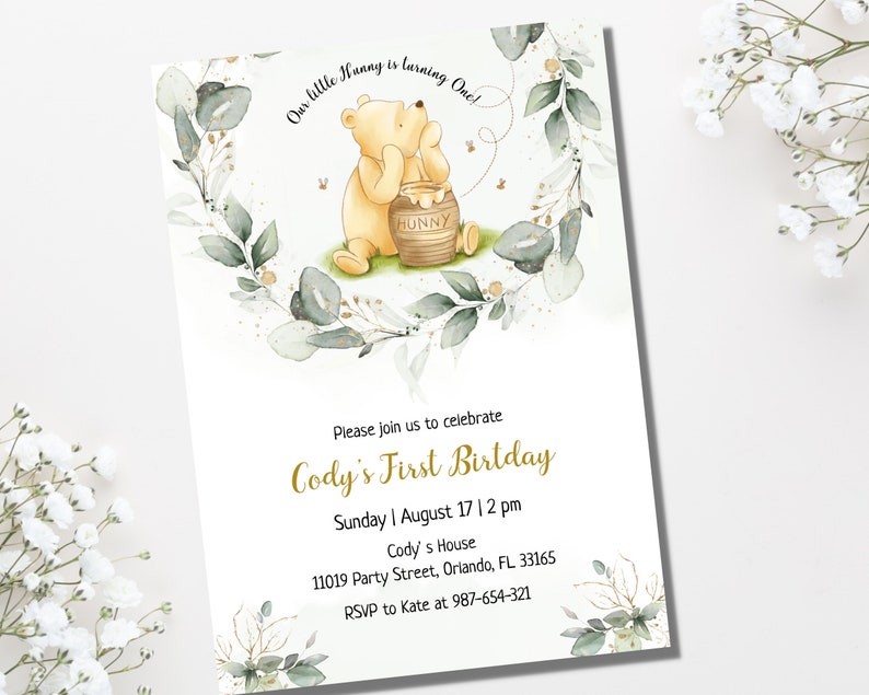 Editable Classic Winnie the Pooh 1st Birthday Invitation, Eucalyptus ...