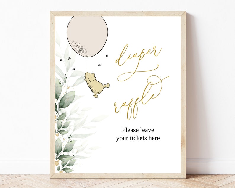 Classic Winnie the Pooh Baby Shower Diaper Raffle Sign, Greenery Winnie ...
