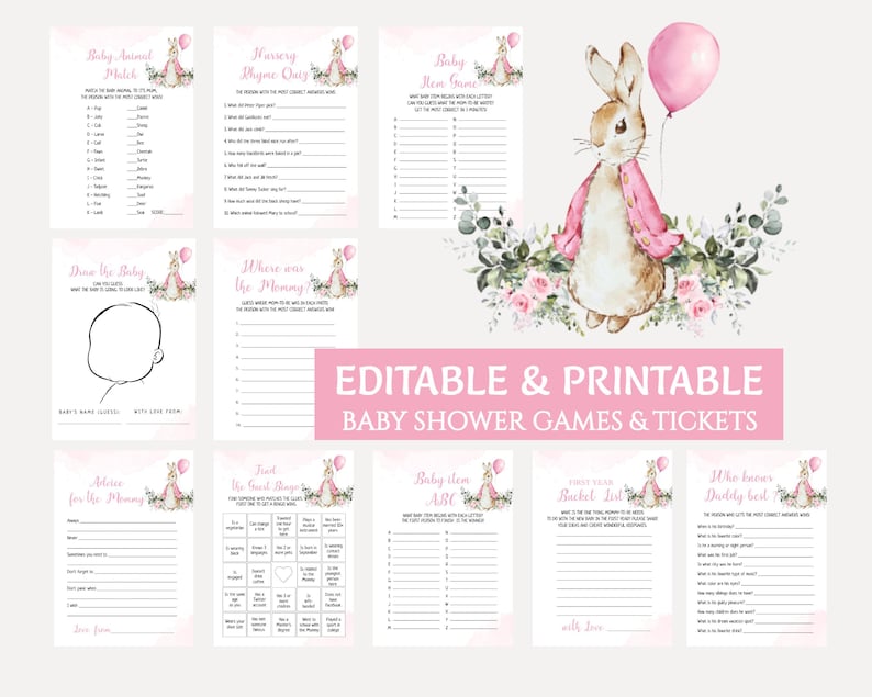 Editable Peter Rabbit Baby Shower Games Bundle, Pink Peter Rabbit Baby ...