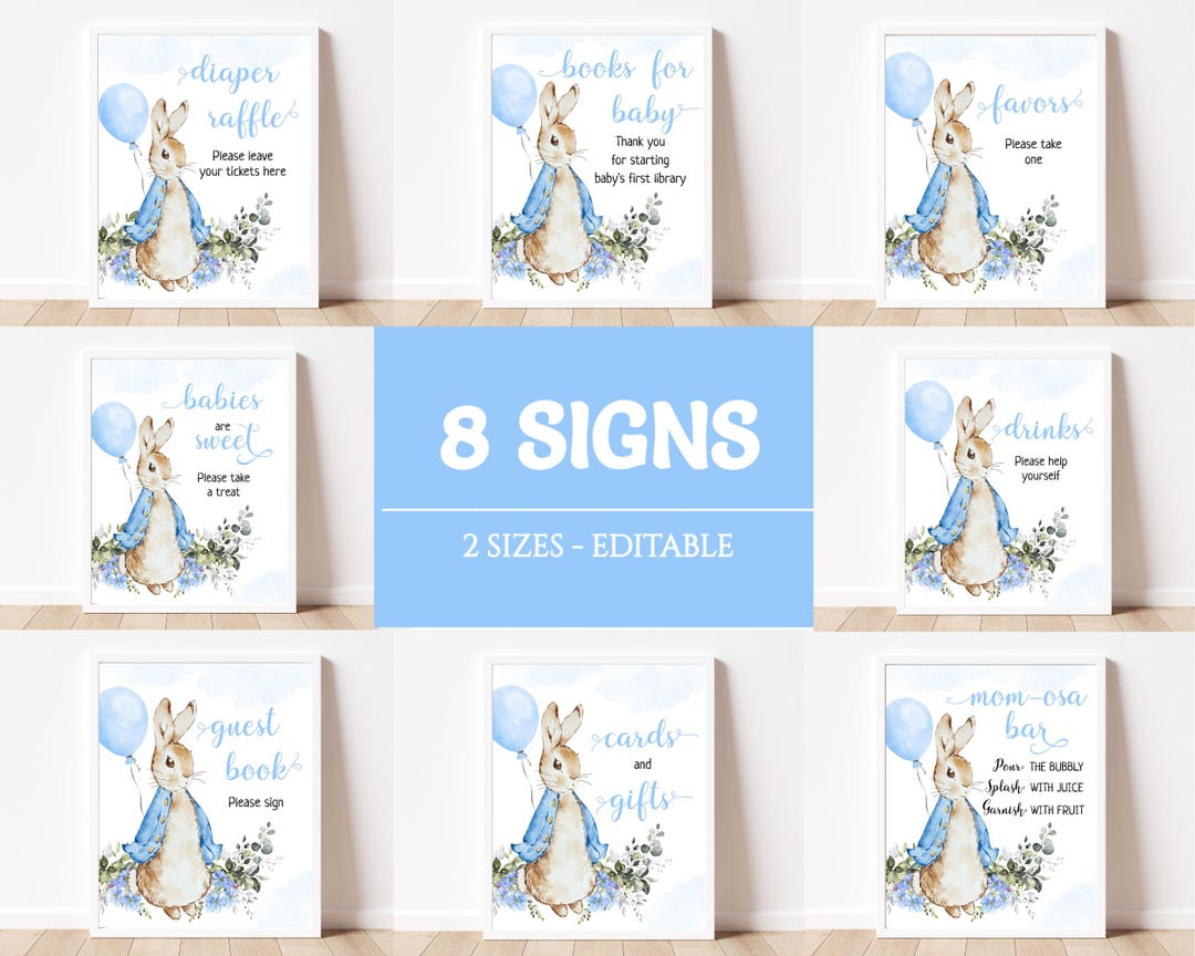 Peter Rabbit Baby Shower Sign Bundle Editable Blue Balloon Boy ...