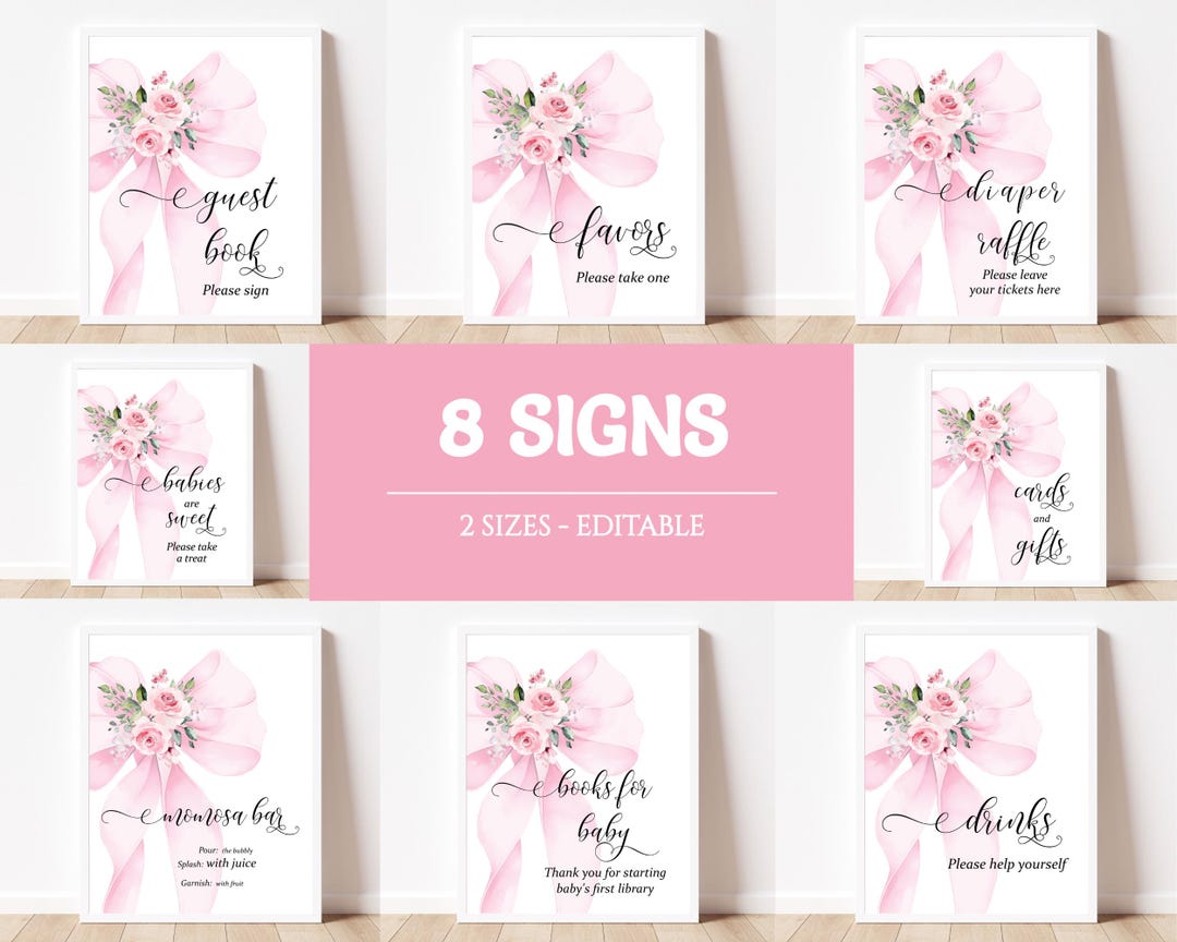 Modern Girl Baby Shower Sign Bundle, Editable Blush Bow Baby in Bloom ...