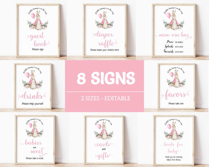 Peter Rabbit Girl Baby Shower Sign Bundle, Party Decor Signs, Editable ...
