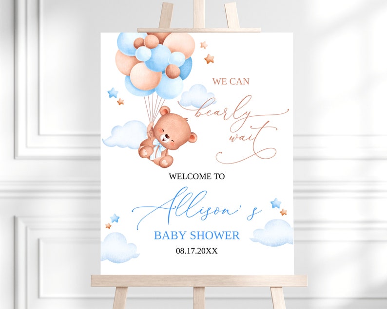Editable Teddy Bear Boy Baby Shower Welcome Sign, Teddy Bear Favor ...