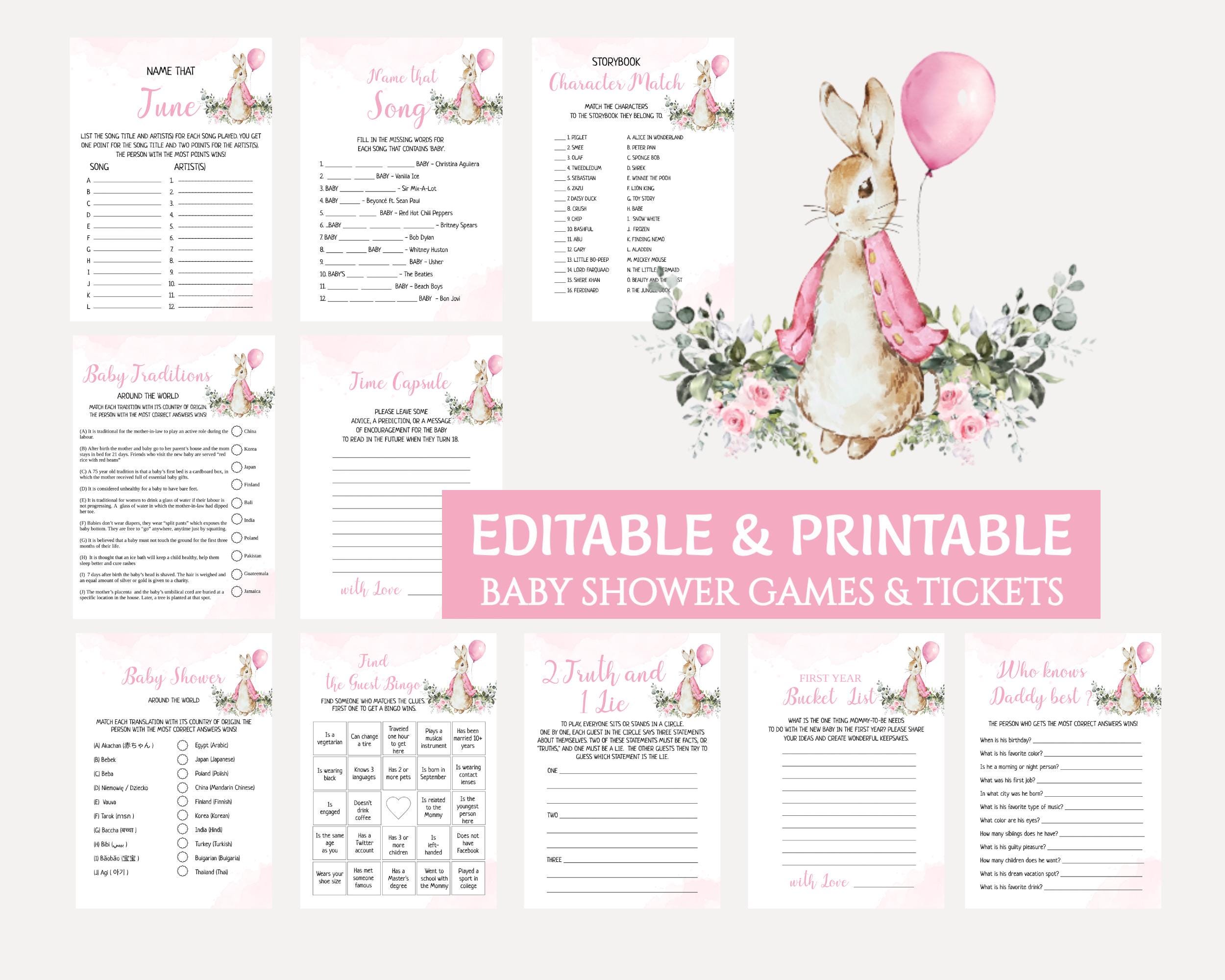 Editable Peter Rabbit Baby Shower Games Bundle, Pink Peter Rabbit Baby ...