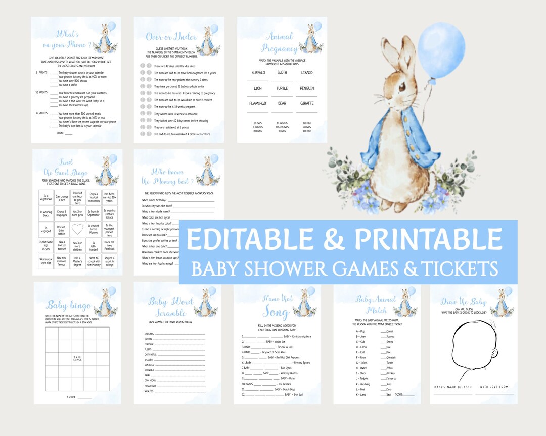 Editable Peter Rabbit Baby Shower Games Bundle, Blue Peter Rabbit Baby ...