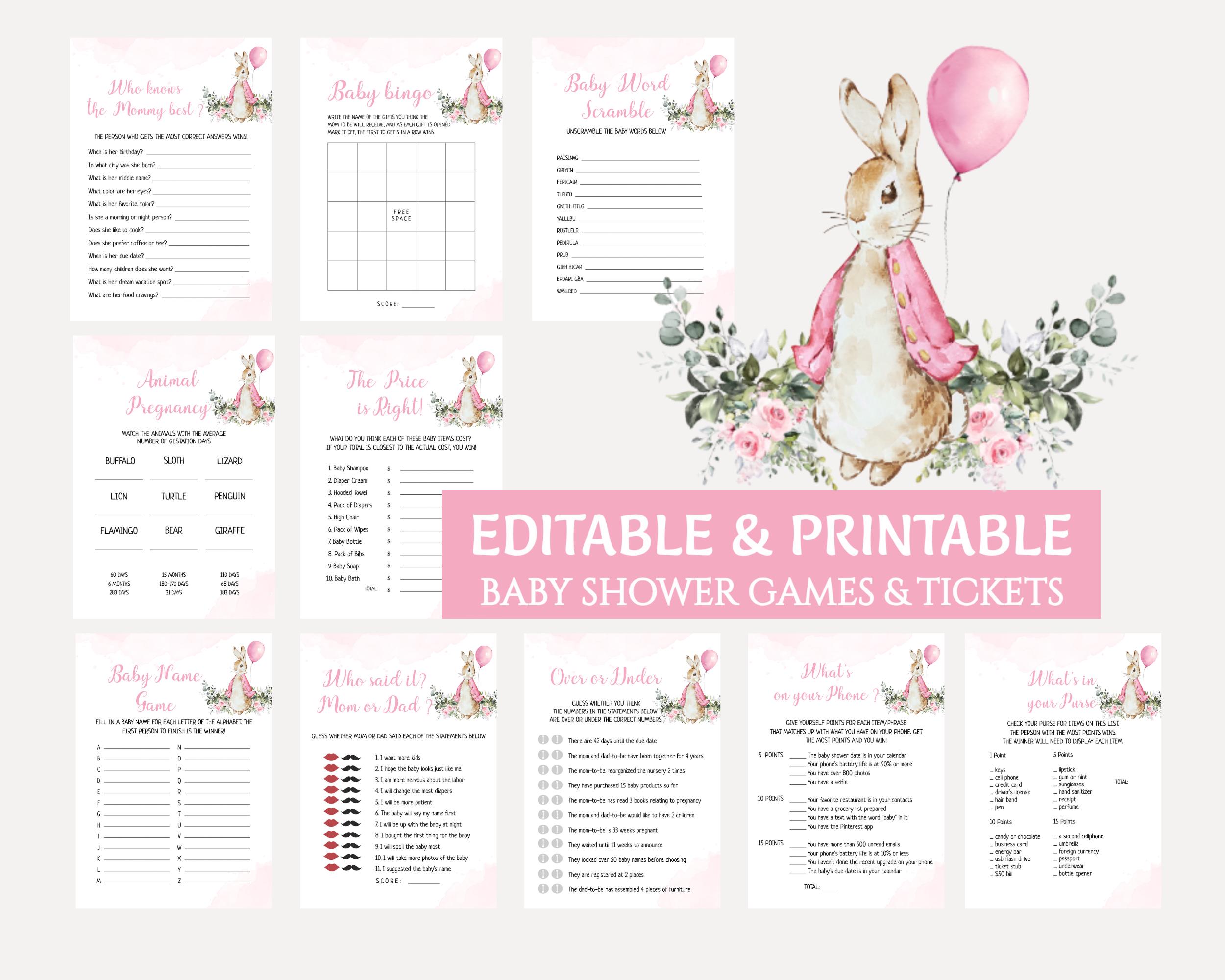 Editable Peter Rabbit Baby Shower Games Bundle, Pink Peter Rabbit Baby ...