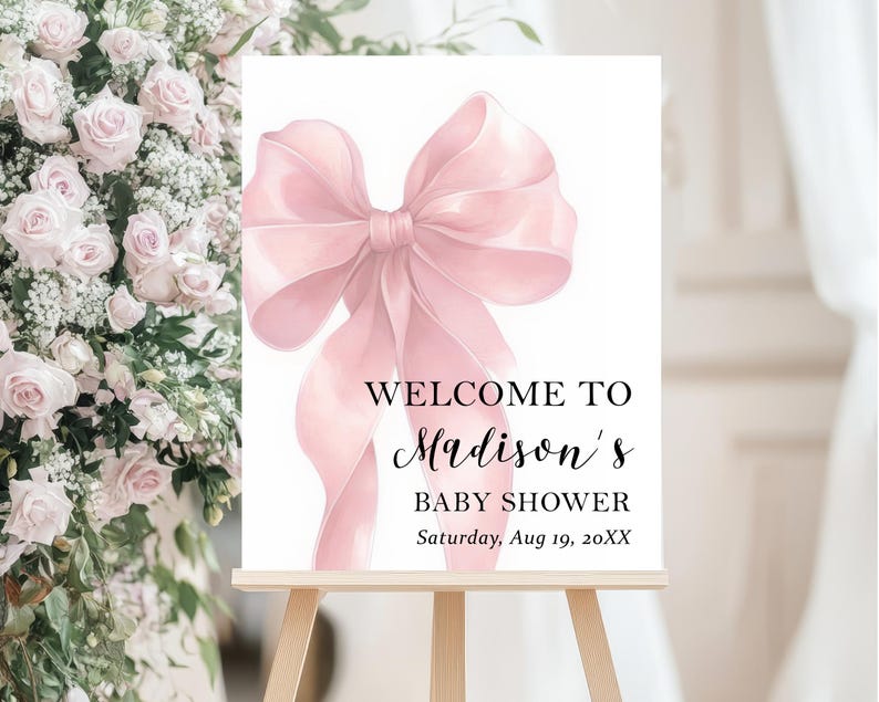 Modern Blush Pink Bow Baby Shower Welcome Sign Template, Pink Coquette ...