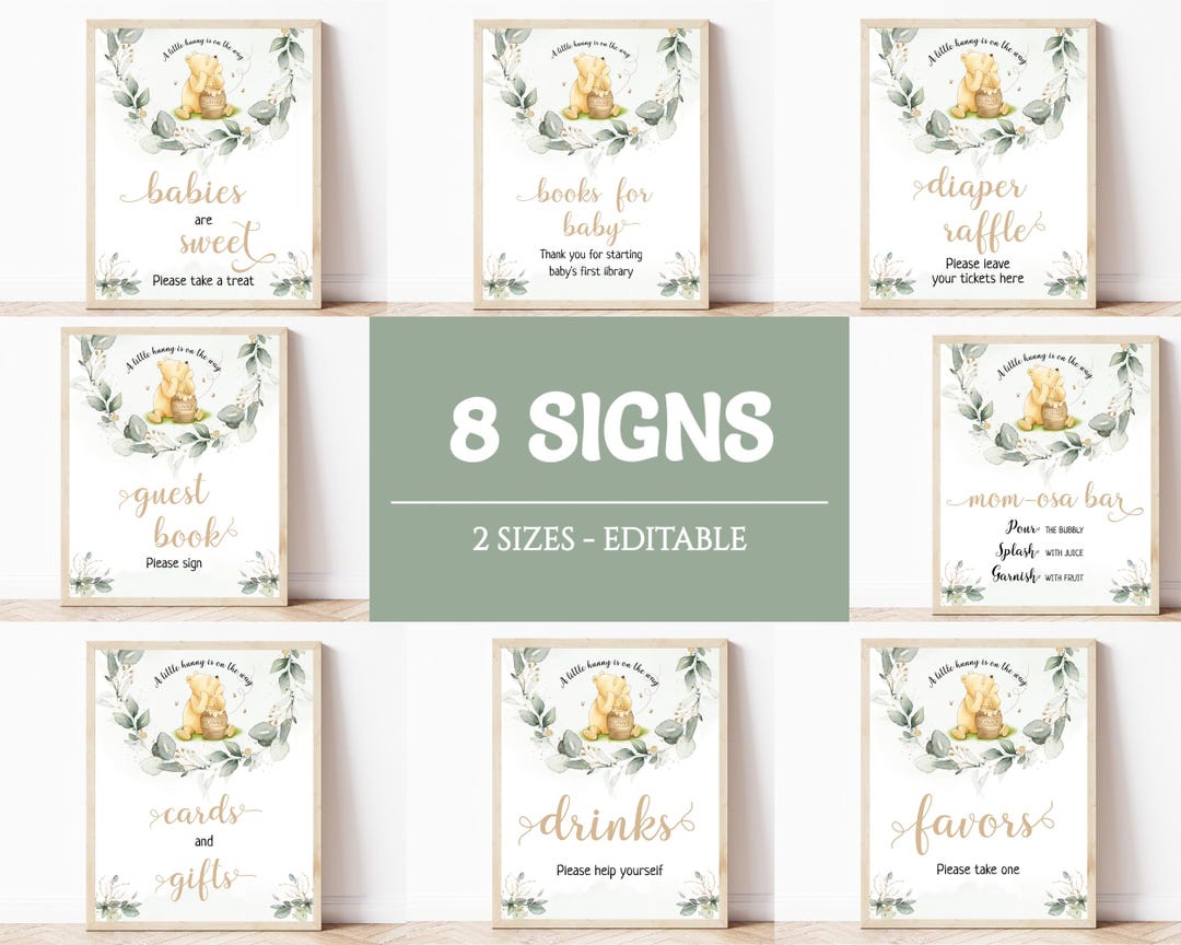 Editable Winnie the Pooh Signs Classic Winnie the Pooh Bear Baby Shower ...