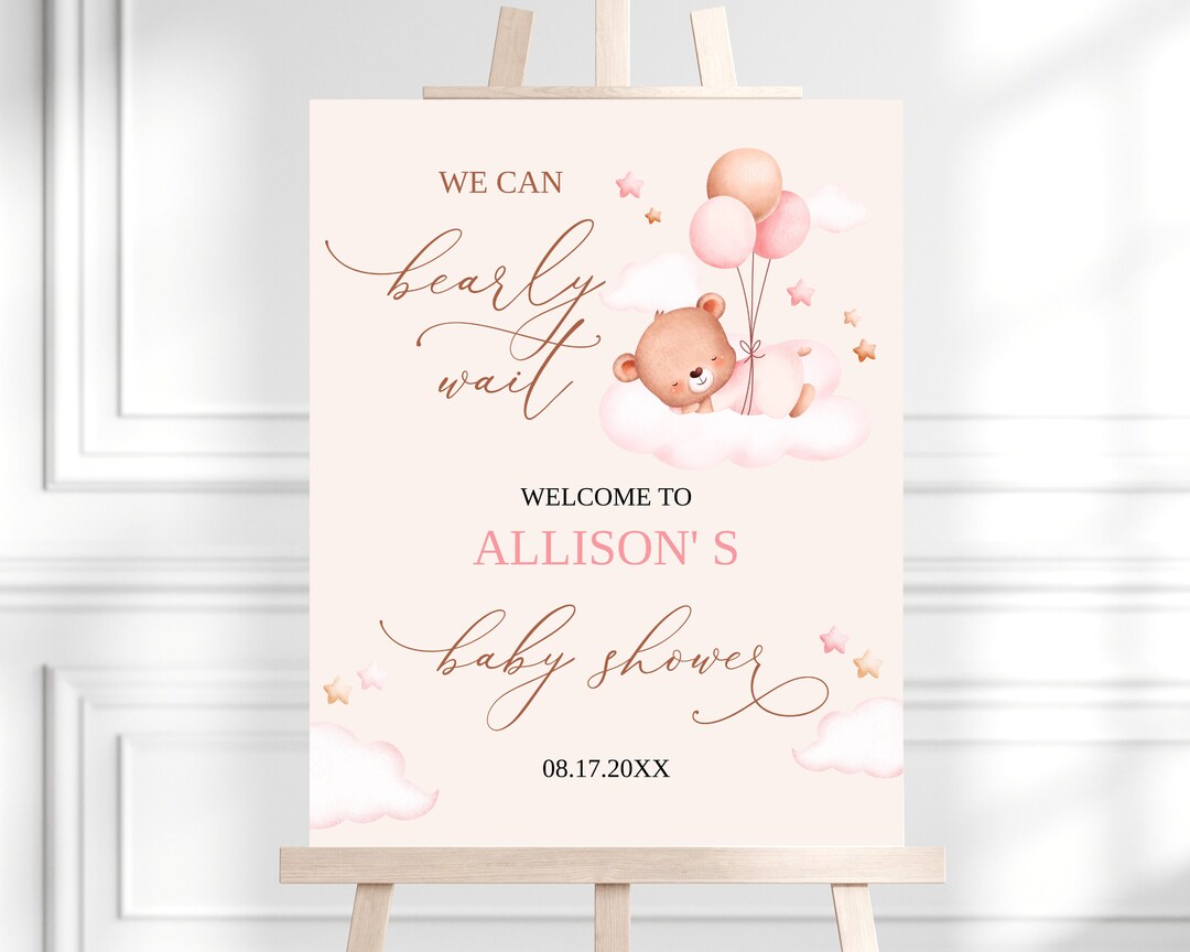 We Can Bearly Wait Girl Baby Shower Welcome Sign, Printable Baby Shower ...