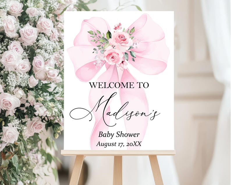Blush Pink Bow Baby Shower Welcome Sign Template, Modern Pink Coquette ...