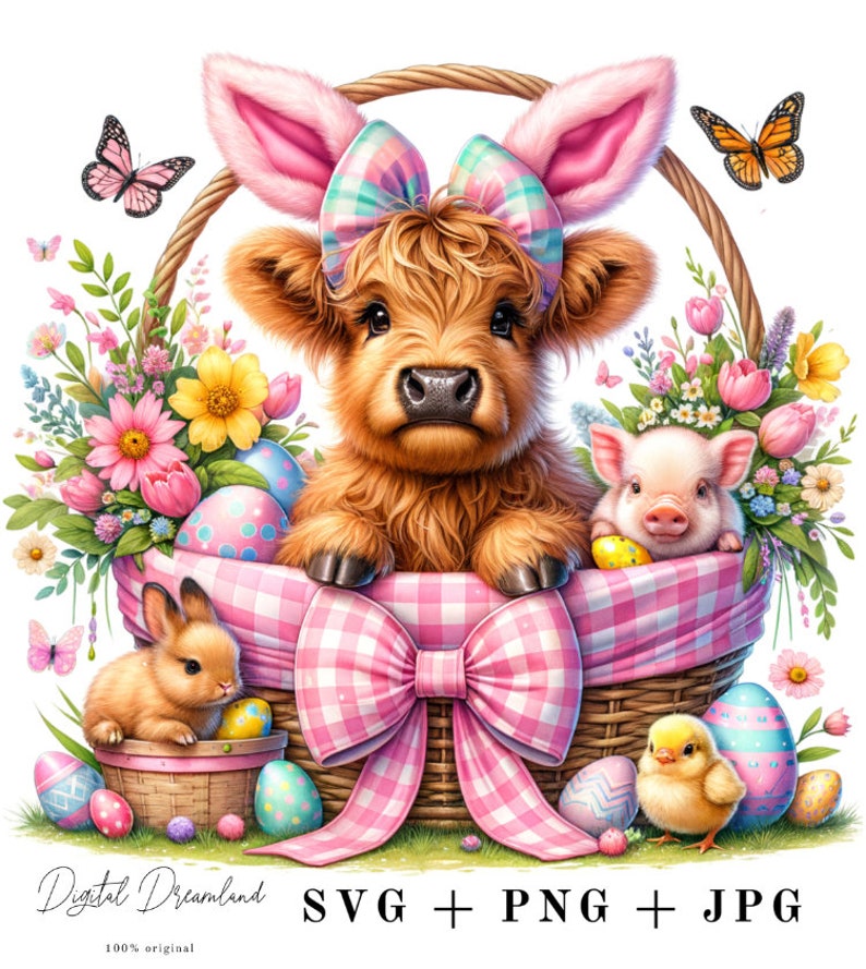 Easter Highland Cow PNG | Bunny Ears, Sublimation Design (digital ...