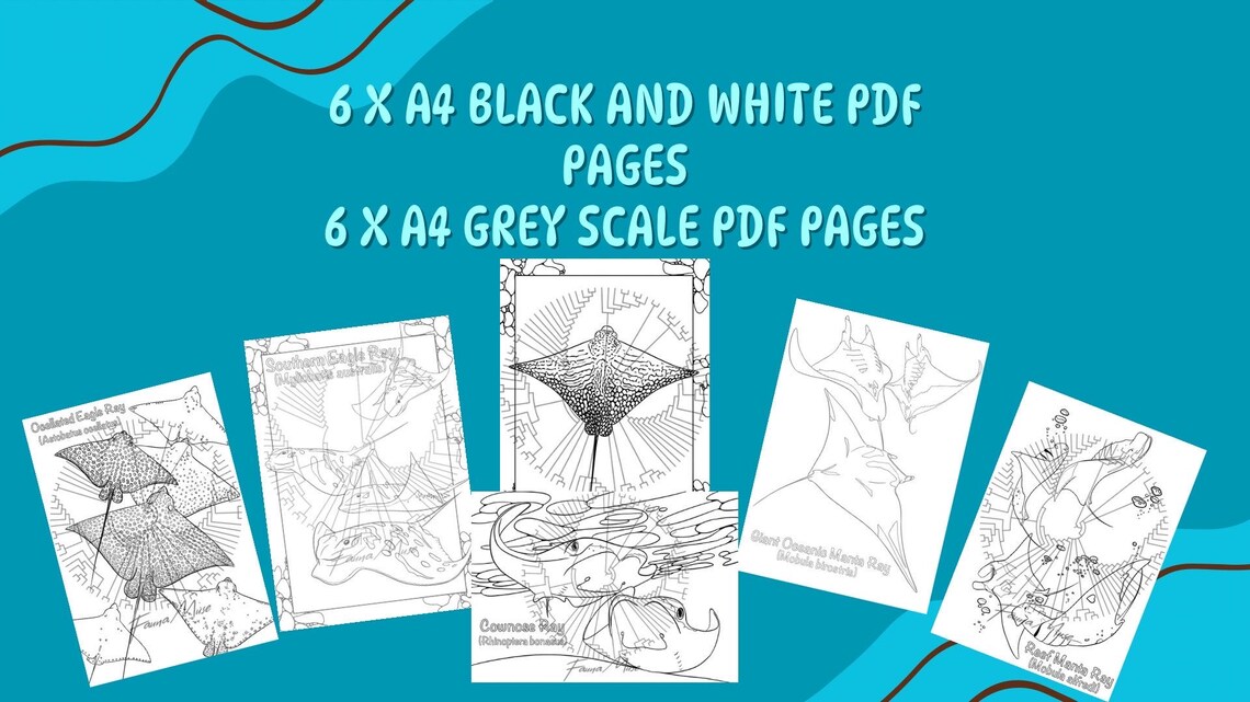 6 Black Lined and 6 Grey Lined Eagle Ray, Manta Ray Colouring Pages ...