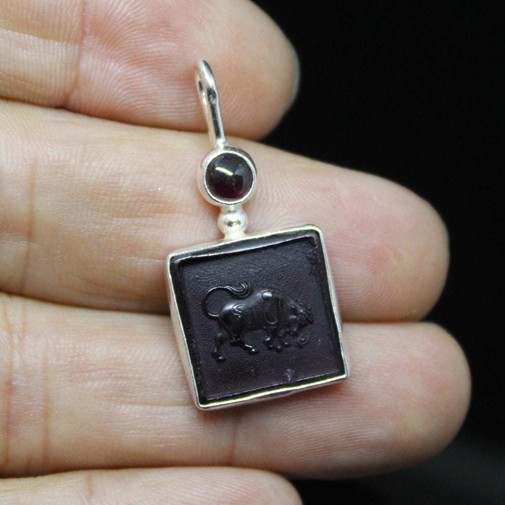 Handcrafted Enamel Bull Pendant: Sterling Silver Garnet Necklace - Etsy