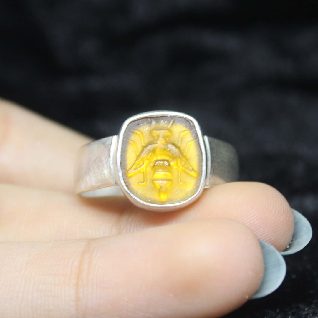 Roman Art Handmade Glass Bee Intaglio Ring, 925K Solid Sterling Silver ...
