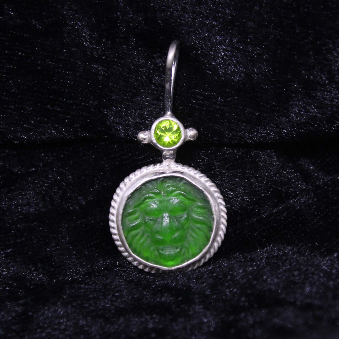 Roman Art Handmade Enamel Lion Intaglio Pendant With Peridot , 925K ...