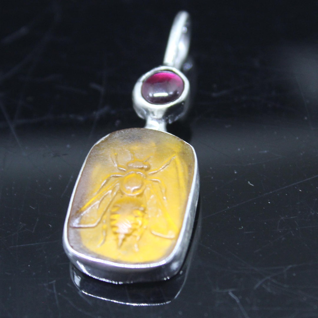 Glass Bee Intaglio Necklace Pendant Jewelry - 925K Solid Sterling ...