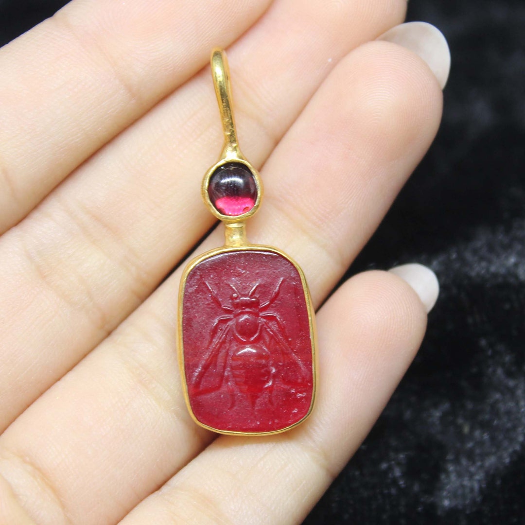 Natural Ganet and Bee Glass Intaglio Red Bee Pendant, Handmade 925K ...