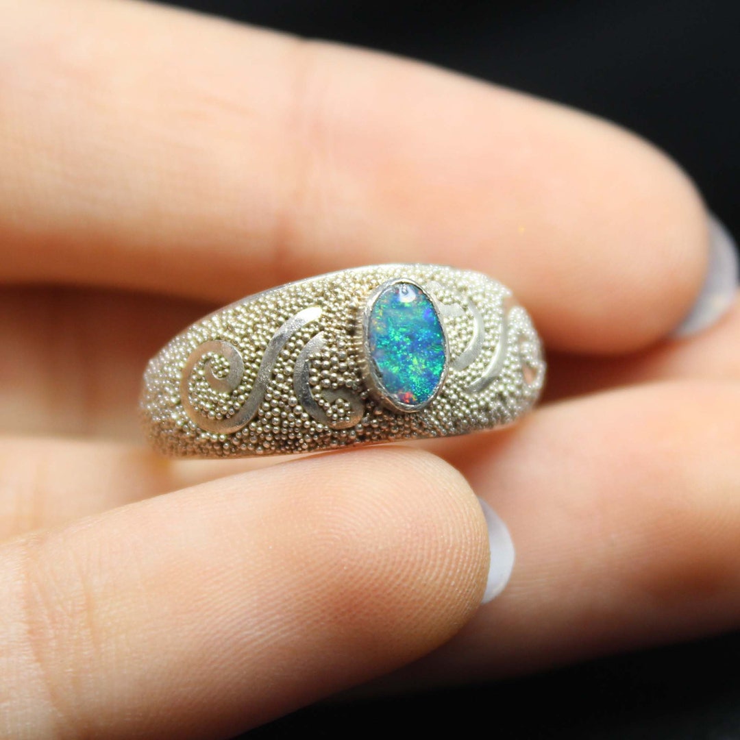 Roman Art Handmade Natural Opal Ring, 925K Solid Sterling Silver, Gold ...