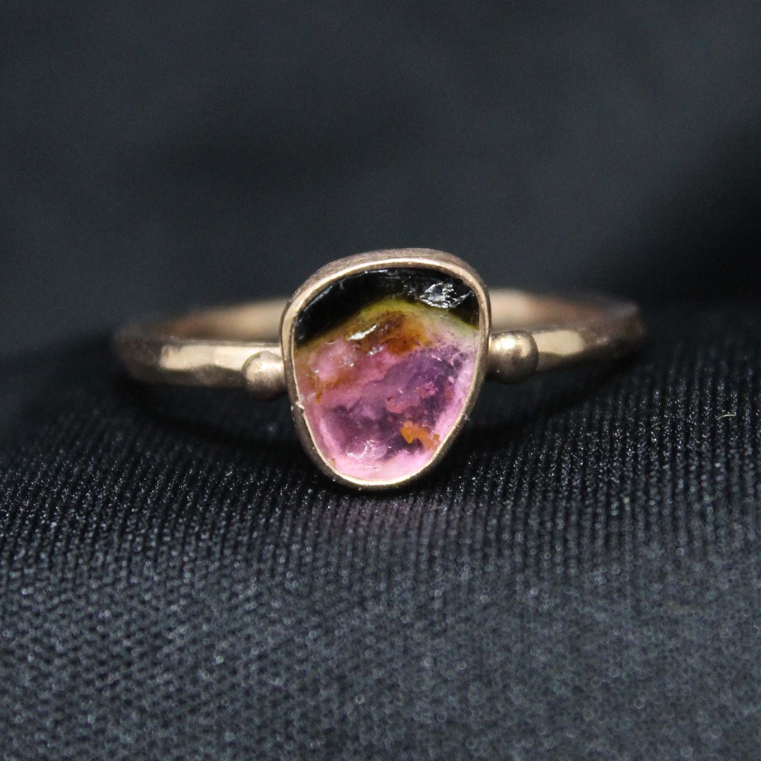 Natural Water Melon Tourmaline Silver Women's Ring, Gold Banded ...
