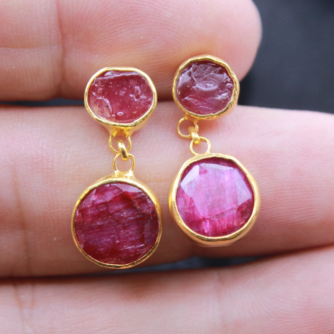 Natural Raw Ruby Earrings, Rough Ruby Jewelry, Natural Rough Ruby Jewelry, Handmade 925K Silver ...