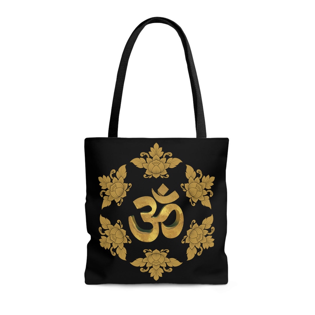 Gold Black Om & Lotuses Tote Bag AOP 3 SIZES Aum Mantra Hindu Hinduism ...