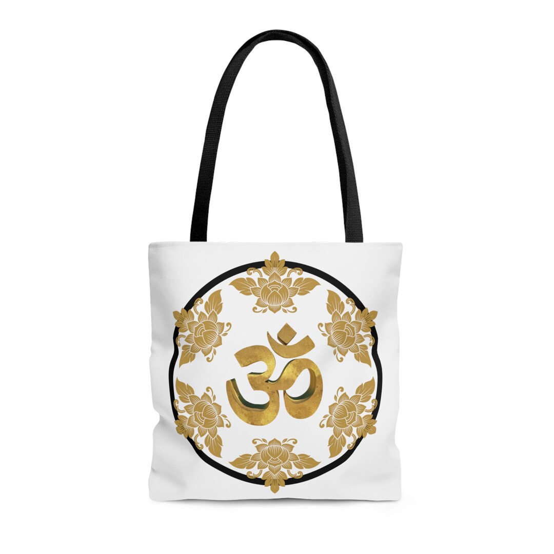 White Gold Black Om & Lotuses Tote Bag AOP 3 SIZES Aum Mantra Hindu ...