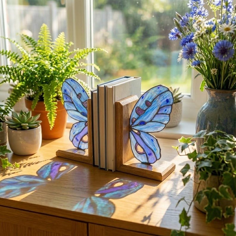 Blue Morpho Butterfly Bookends Stained Glass, Unique Gift for Book ...