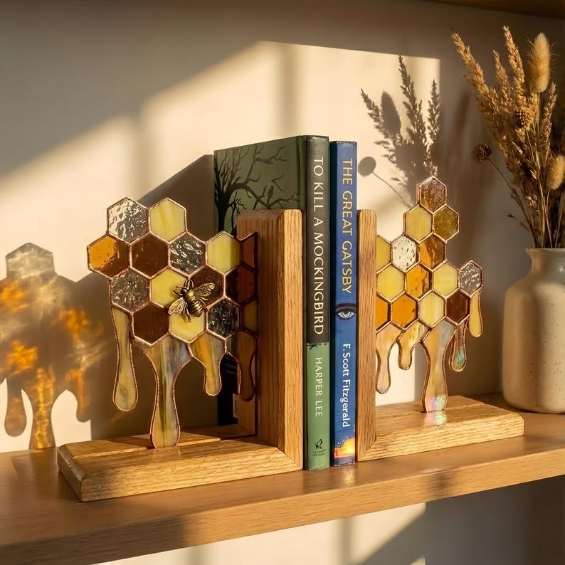 Stained Glass Honeycomb Bookends, Rustic Bee Decor - Etsy UK