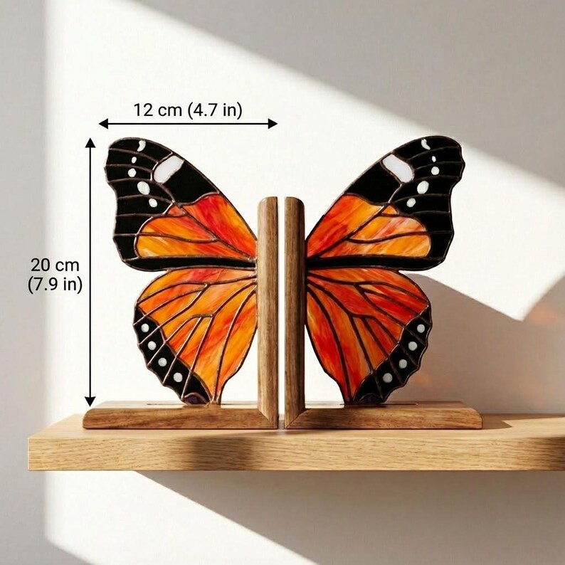 Stained Glass Monarch Butterfly Bookends, Premium Oak Wood Book Ends ...
