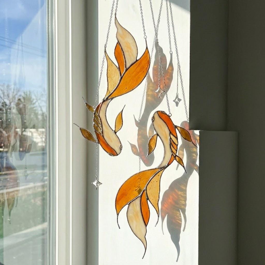 Stained Glass Goldfish Suncatcher, Amber Orange Koi Fish Window Hanging ...