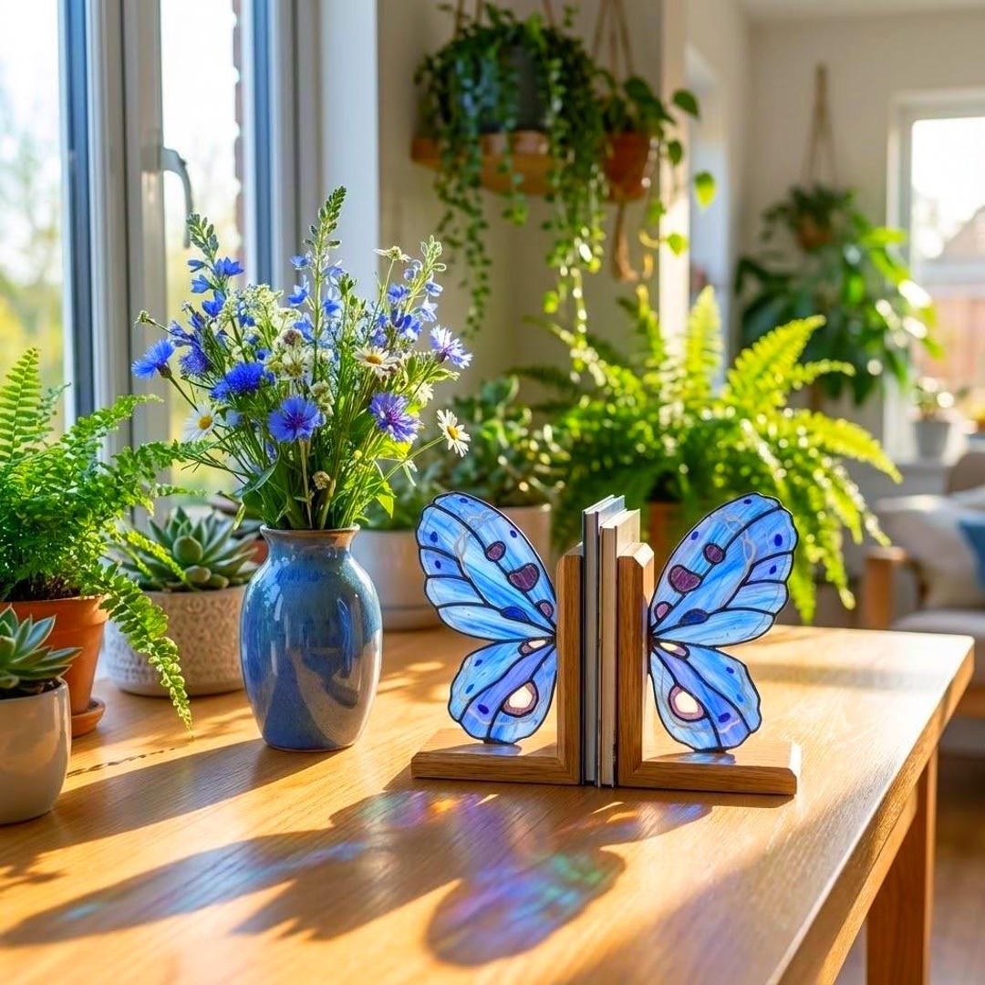Blue Morpho Butterfly Bookends Stained Glass, Unique Gift for Book ...